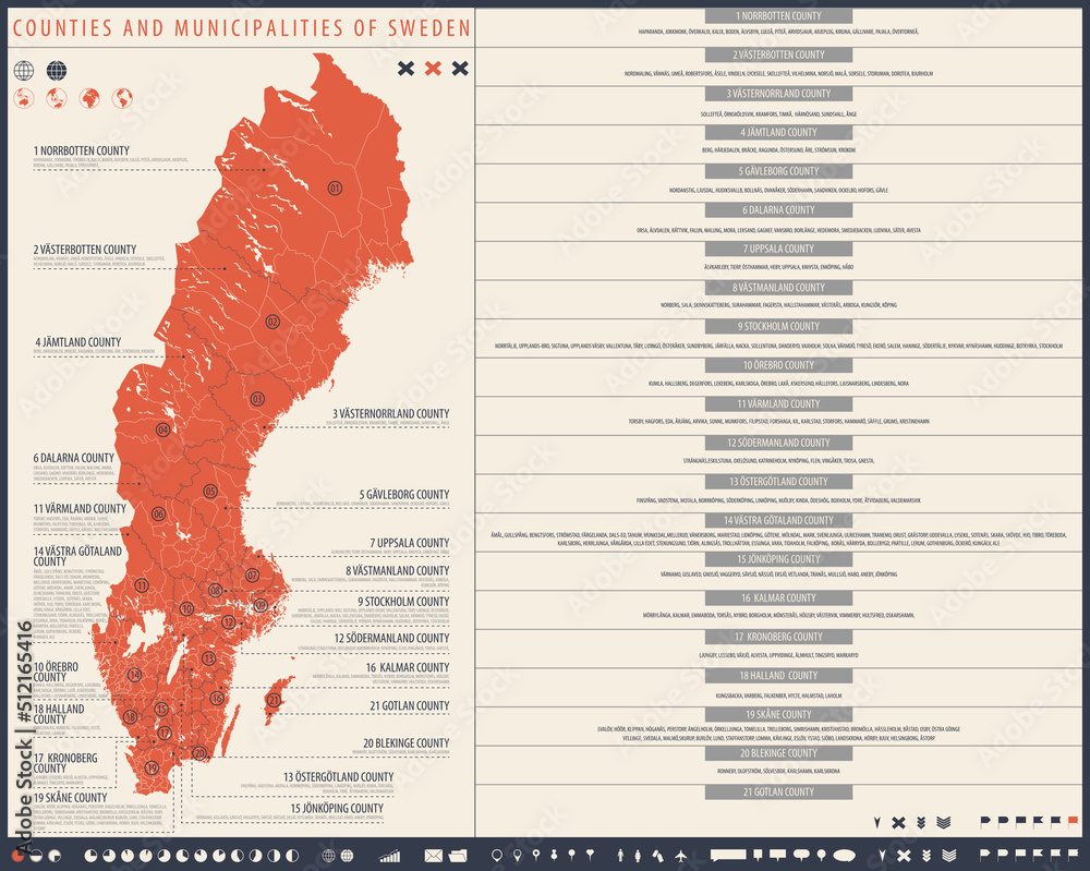 Infographic map of Sweden with administrative division into Regions and ...