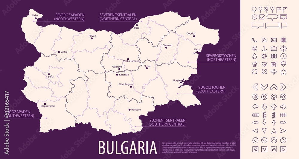 Detailed map of Bulgaria with administrative divisions on dark ...
