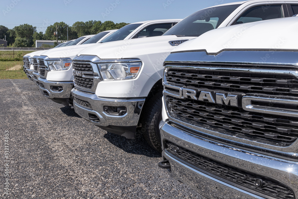 Ram 1500 display at a Stellantis dealership. Ram offers the 1500 in ...