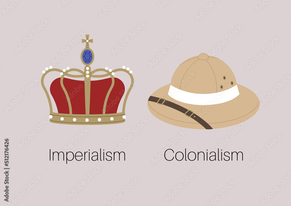 Imperialism and colonialism symbols, a royal crown and a hunter cork ...