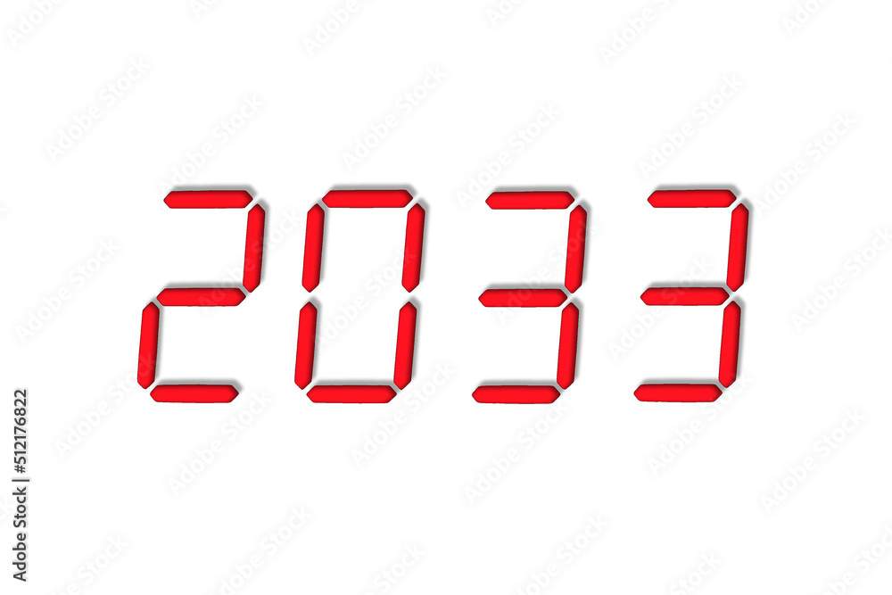 The dial of the electronic clock which shows the year 2033,isolated on ...