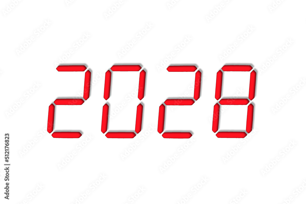 The dial of the electronic clock which shows the year 2028,isolated on ...