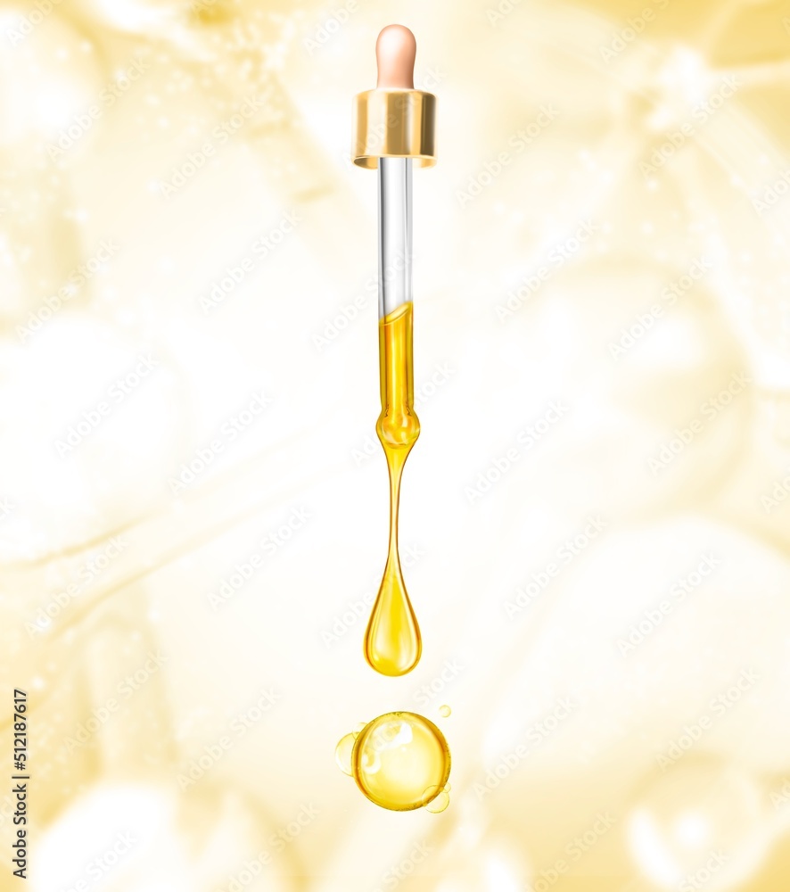 Stretched oily drops are falling from a vertical gold cosmetic pipettes ...