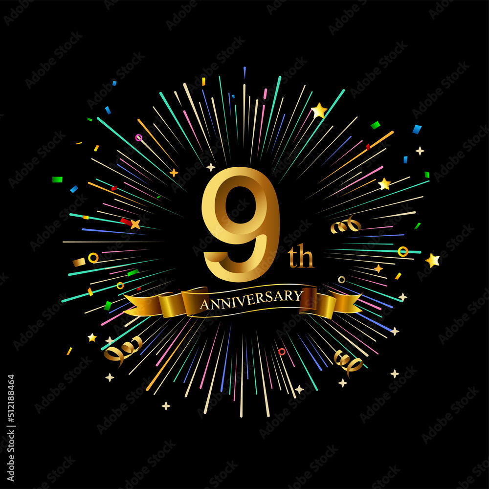 9th Anniversary celebration. Golden number 9th with sparkling confetti ...