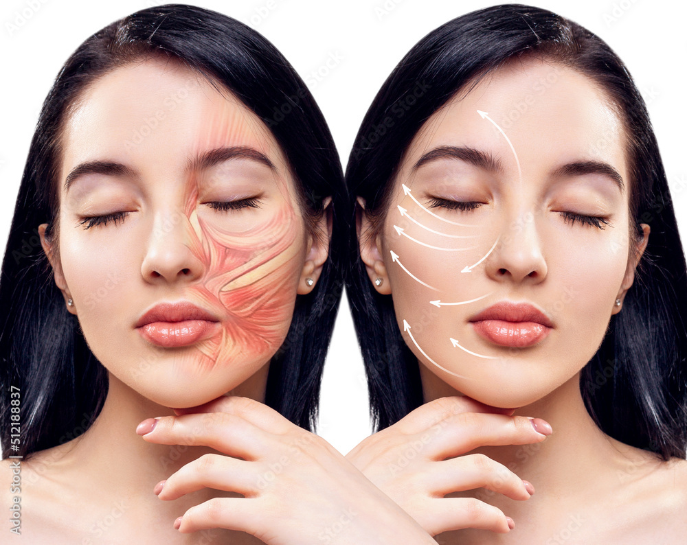 Young woman with half of face with muscles structure under skin. Stock ...