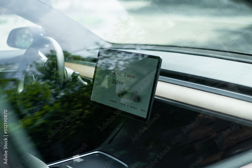 Tesla car displays touchpad. Tesla car interior. russia moscow 2022 ...