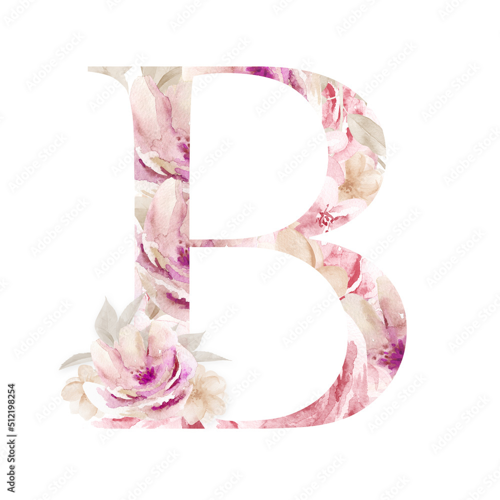 Flower Letter B Bloom Alphabet Design. Watercolor Font letter B ...