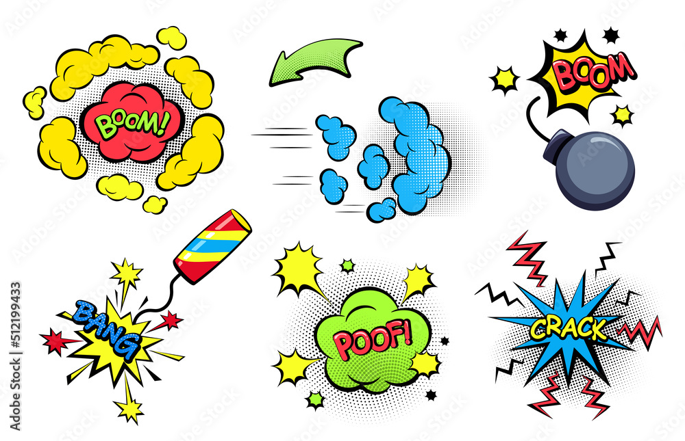 Comic colored speech bubbles with text. Sound effects in pop art style ...