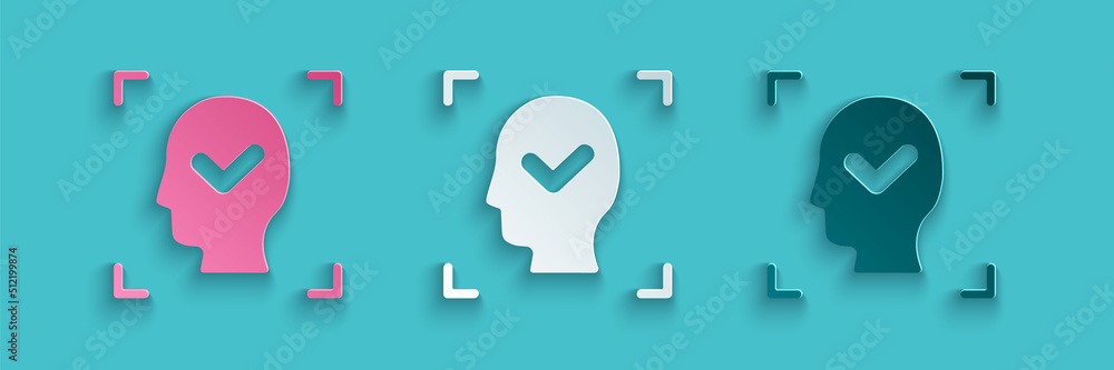 Paper cut Face recognition with check mark icon isolated on blue ...