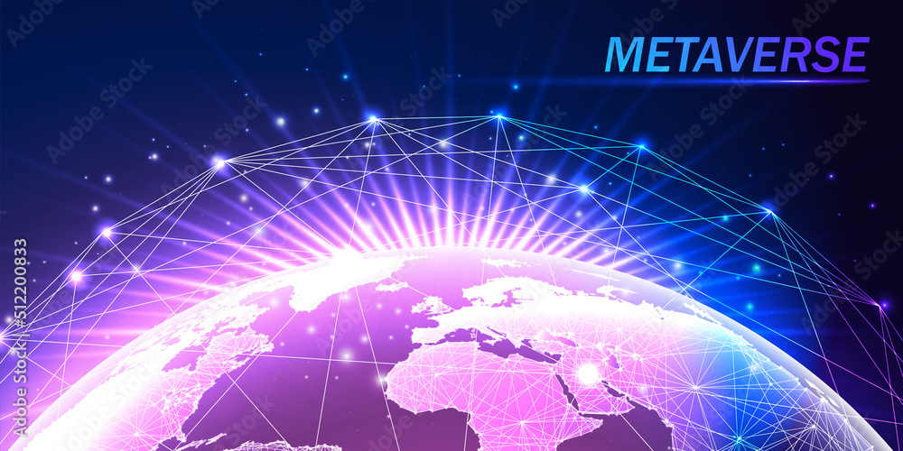 Concept of metaverse with purple global network, planet earth view in ...