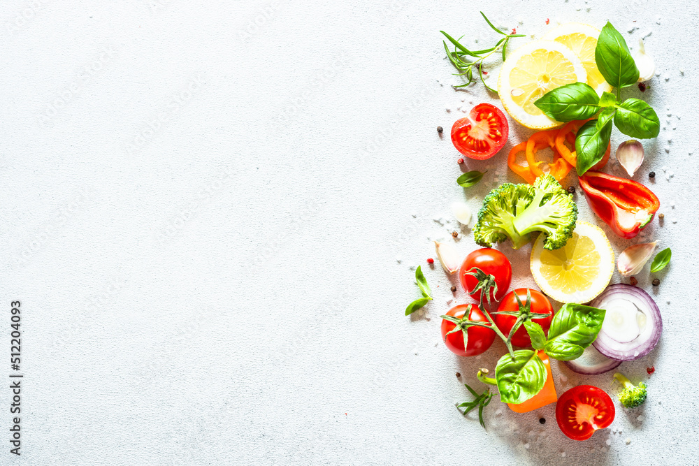 Food cooking background on white table. Stock Photo | Adobe Stock