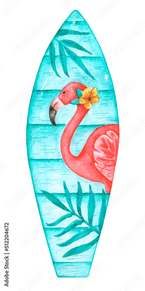 Surfboard watercolor illustration. Flamingo surfboard. Sea, sports ...