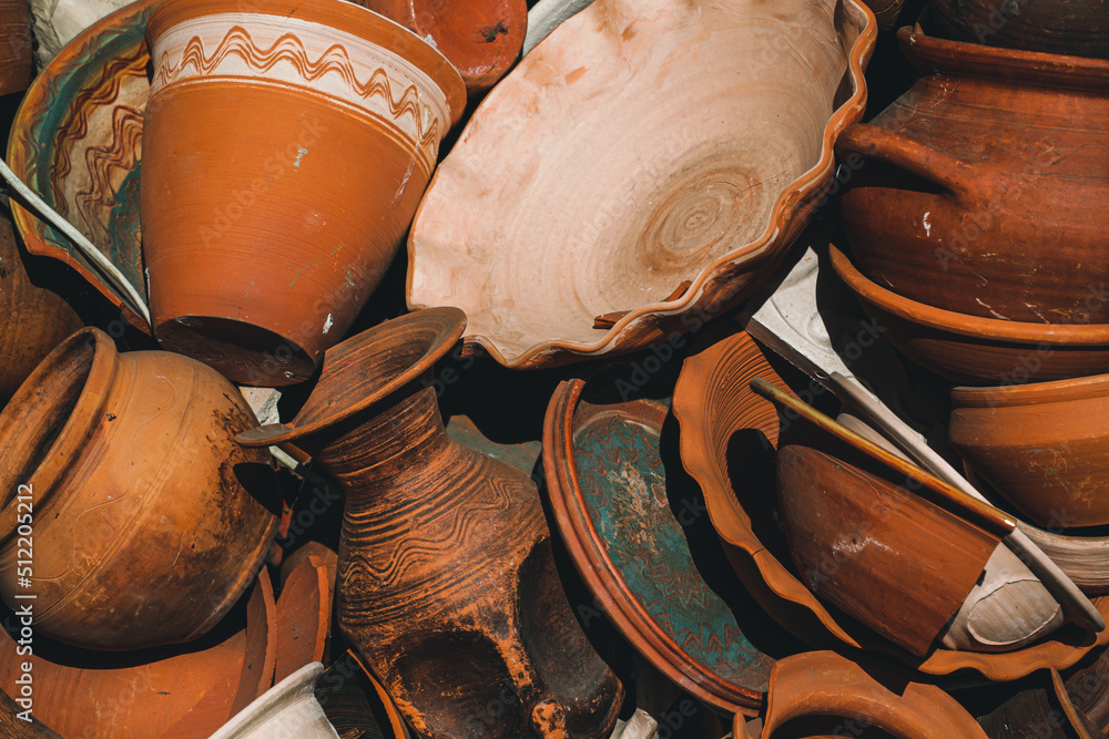 Vintage, vintage clay pots are piled on top of each other. Collection ...