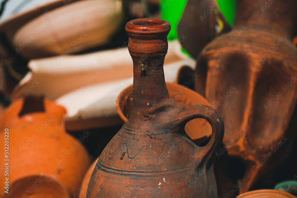 Vintage, vintage clay pots are piled on top of each other. Collection ...