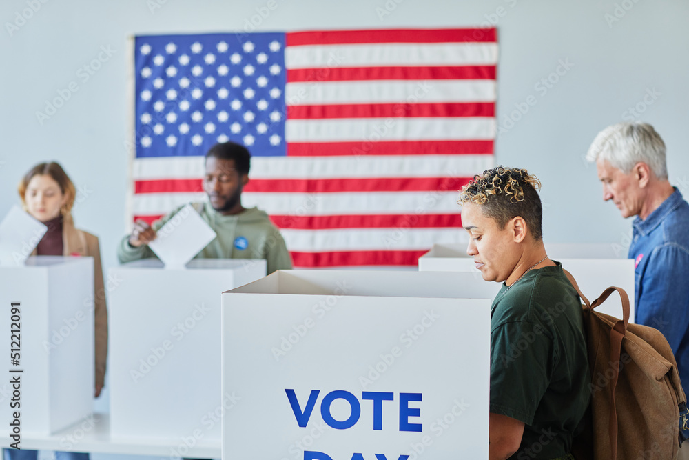 Diverse group of people voting in booths at election station with ...