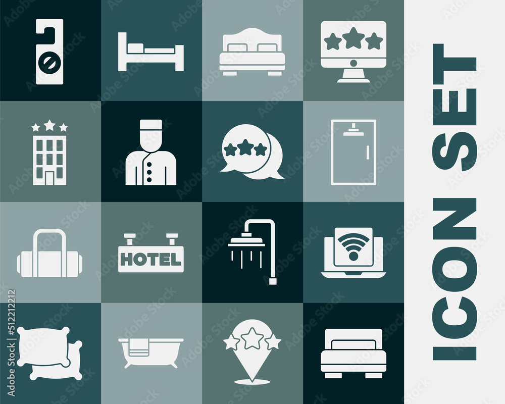 Set Hotel room bed, Wireless laptop, Shower cabin, Concierge, building ...