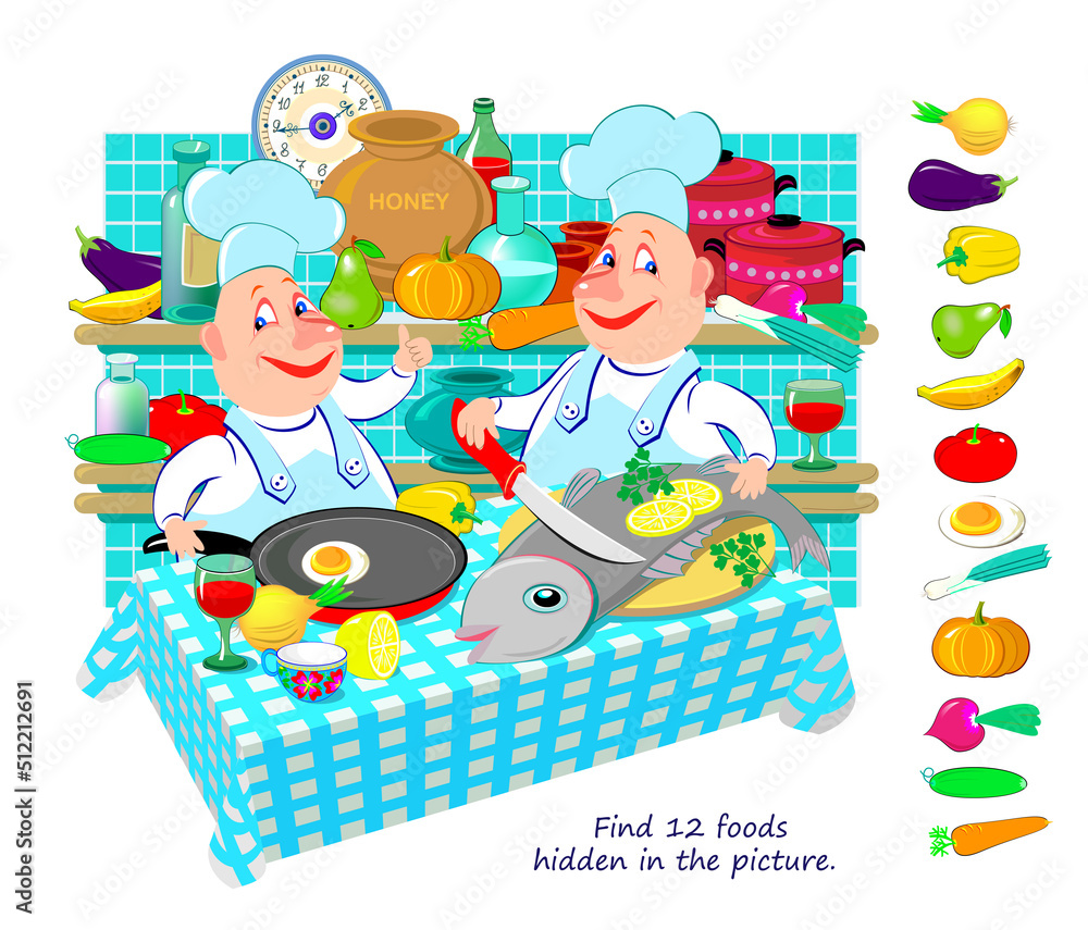 Logic puzzle game for kids. Find 12 foods hidden in the picture. Little ...