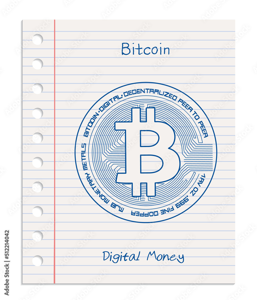 Bitcoin symbol, crypto currency icon, realistic sheet of lined paper ...