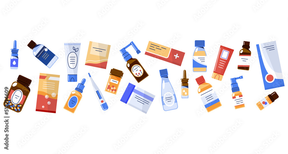 Long border with different medicines,pharmacy drugs.Vector illustration ...