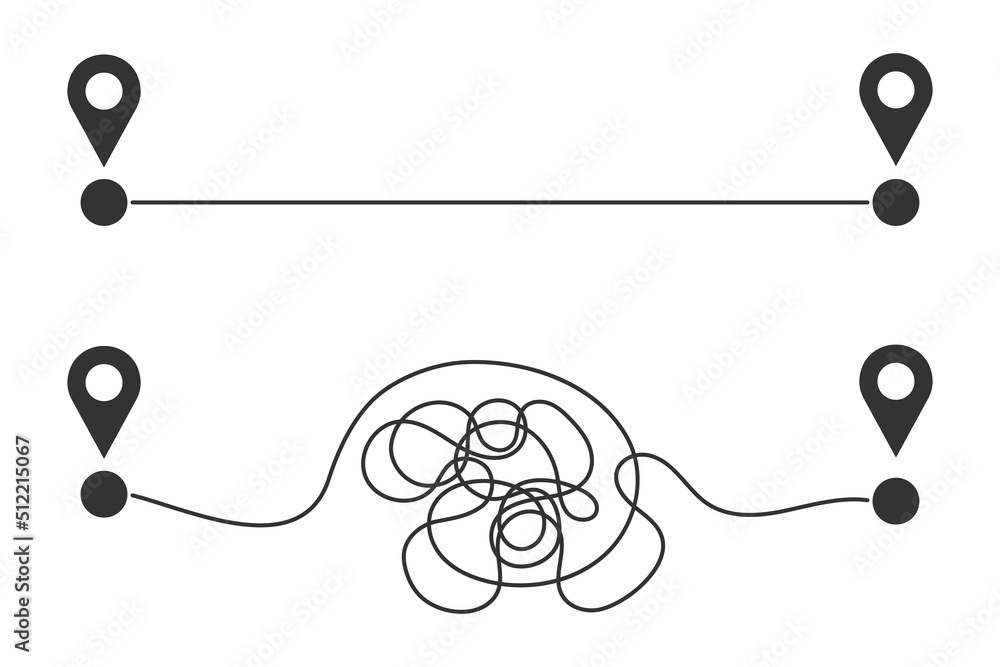 Straight and curved paths from start to finish map pins signs. Easy and ...