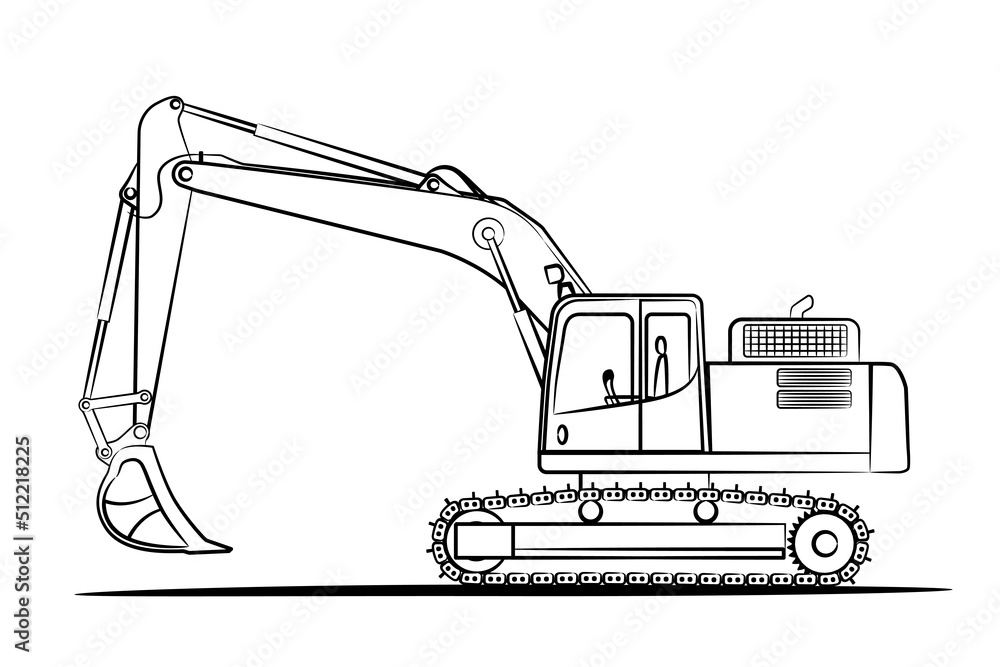 A drawn line of hydraulic excavator for earthmoving, commercial vehicle ...