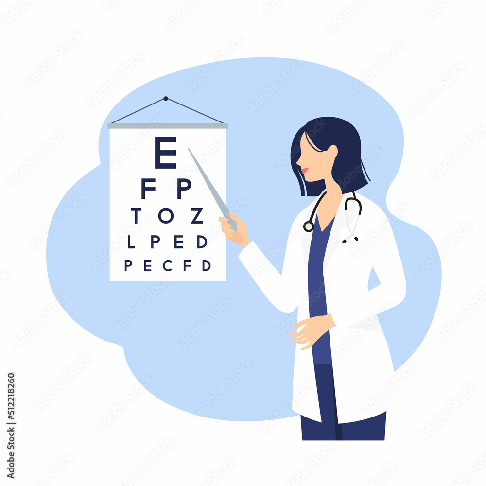 Cartoon girl ophthalmologist with chart testing eyesight ...