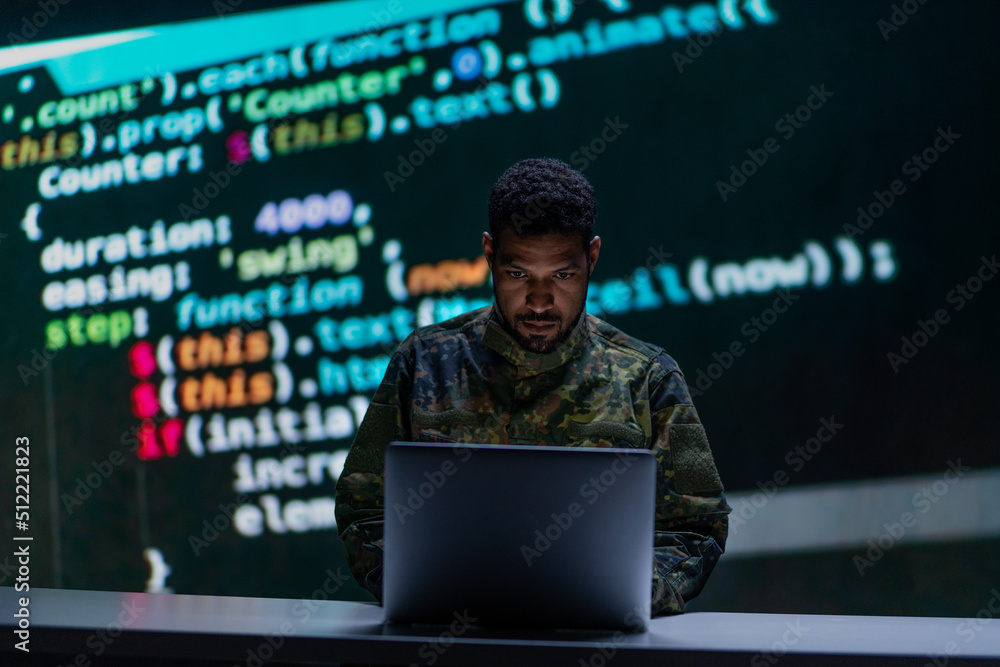 Hacker in military unifrorm on dark web, cyberwar concept. Stock Photo ...