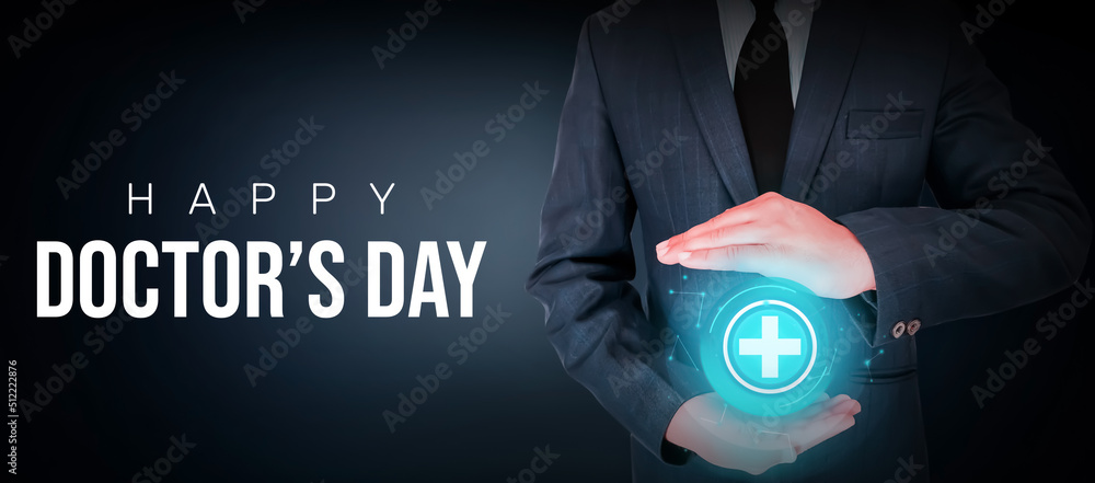 Happy National Doctor's day background with a health sign in the hand ...
