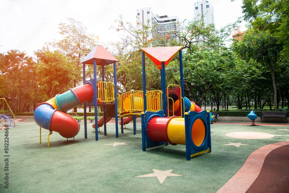 Colorful playground made of plastic empty outdoor playground set ...