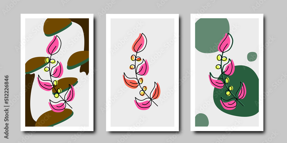 Vector botanical wall line art drawing plant pattern banner ...