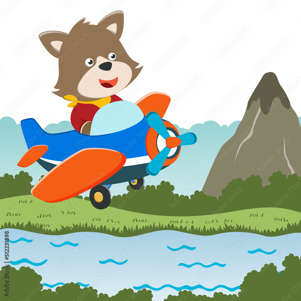 Vector illustration of funny fox flying on a airplane. Vector childish ...