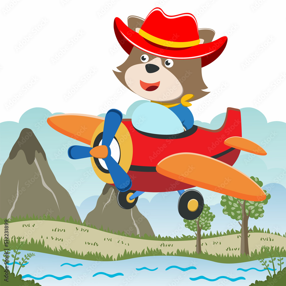 Vector illustration of funny fox flying on a airplane. Vector childish ...