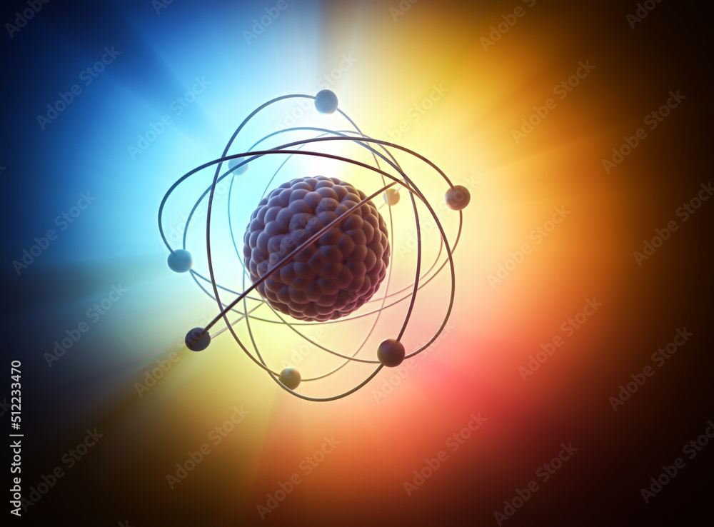 3D illustration. Nuclear power, nuclear reaction or nuclear energy ...