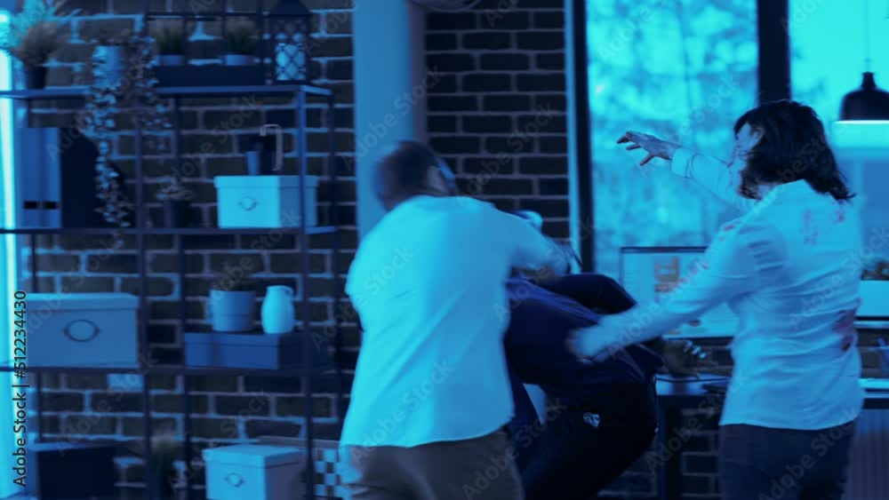 Dangerous scary zombies chasing afraid person in office at night ...
