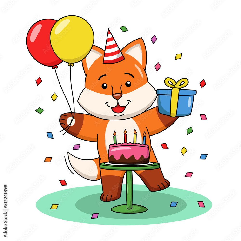 Cartoon illustration of a cute fox celebrating a birthday Stock Vector ...