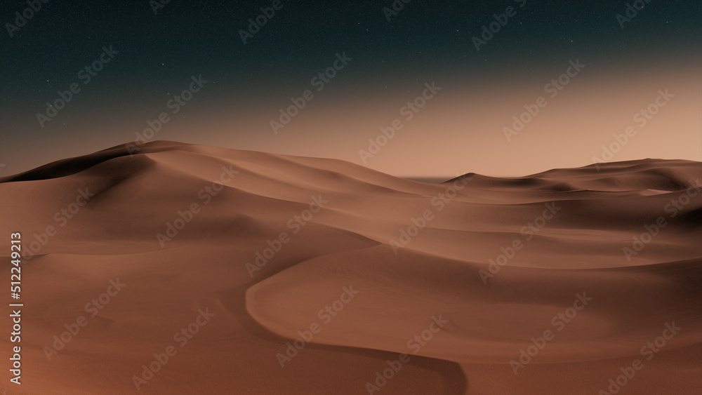 Desert Landscape with Sand Dunes and Warm Gradient Starry Sky. Scenic ...
