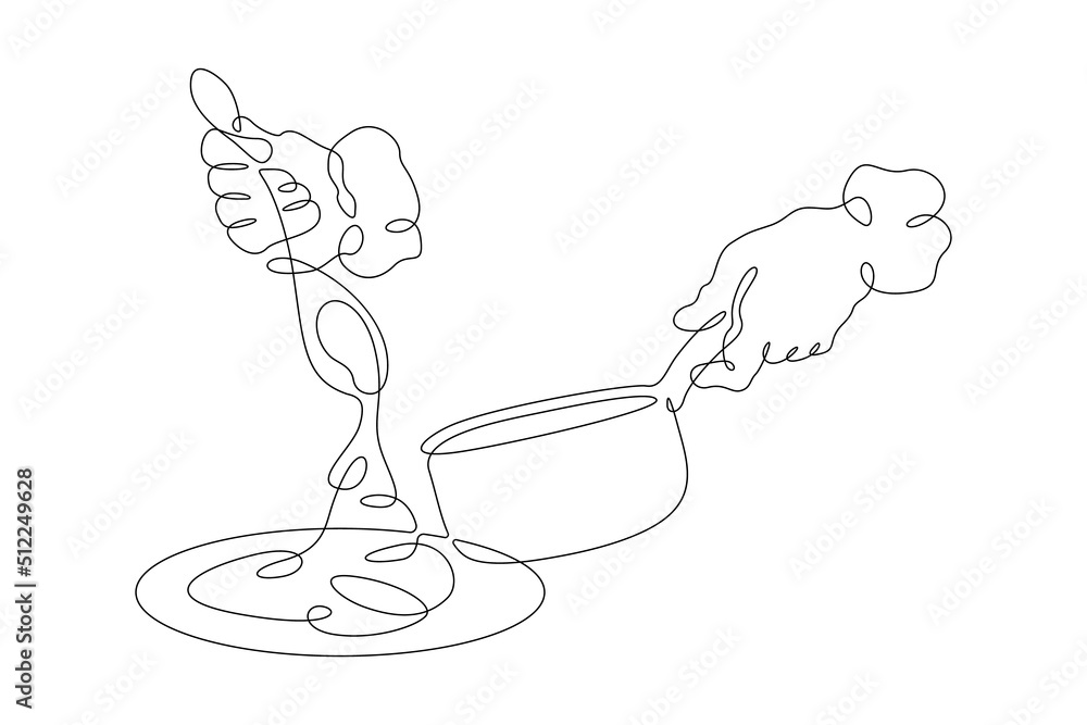 One continuous line.The hands of the cook.Cooked food in a saucepan ...