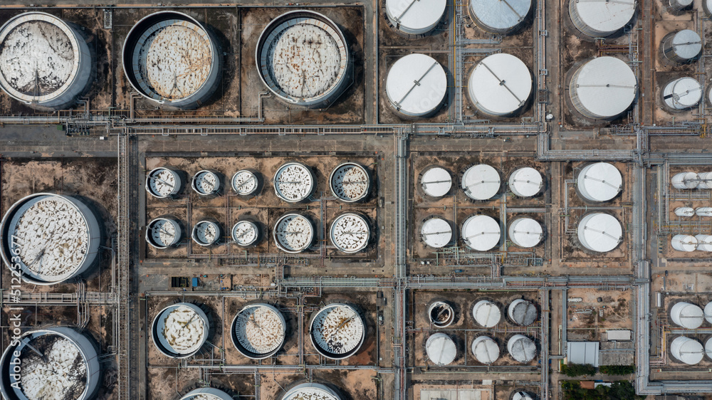 Poster Aerial view fuel reservoirs petroleum industrial zone metal ...