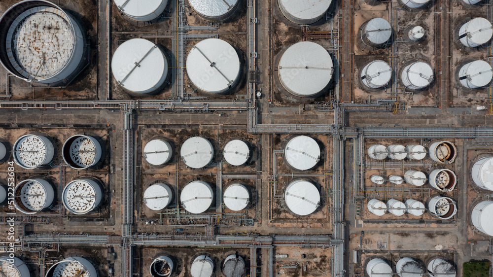Aerial view fuel reservoirs petroleum industrial zone metal exhaust ...