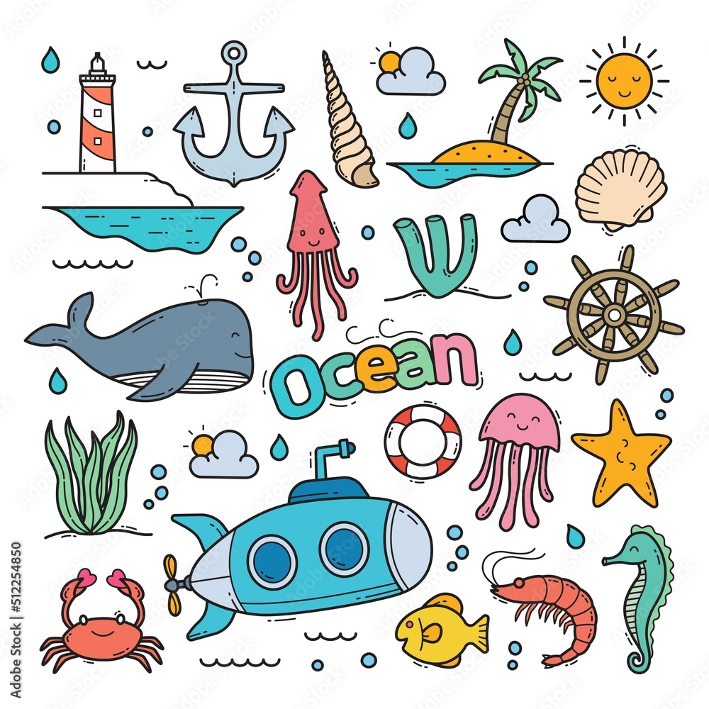 Ocean doodle hand drawn vector clip art objects illustration Stock ... Ocean doodle hand drawn vector clip art objects illustration Stock ...