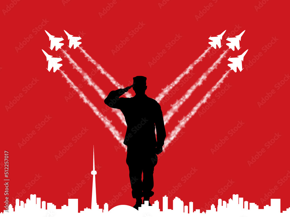 A Canadian soldier is saluting and fighter jets are flying with honor ...