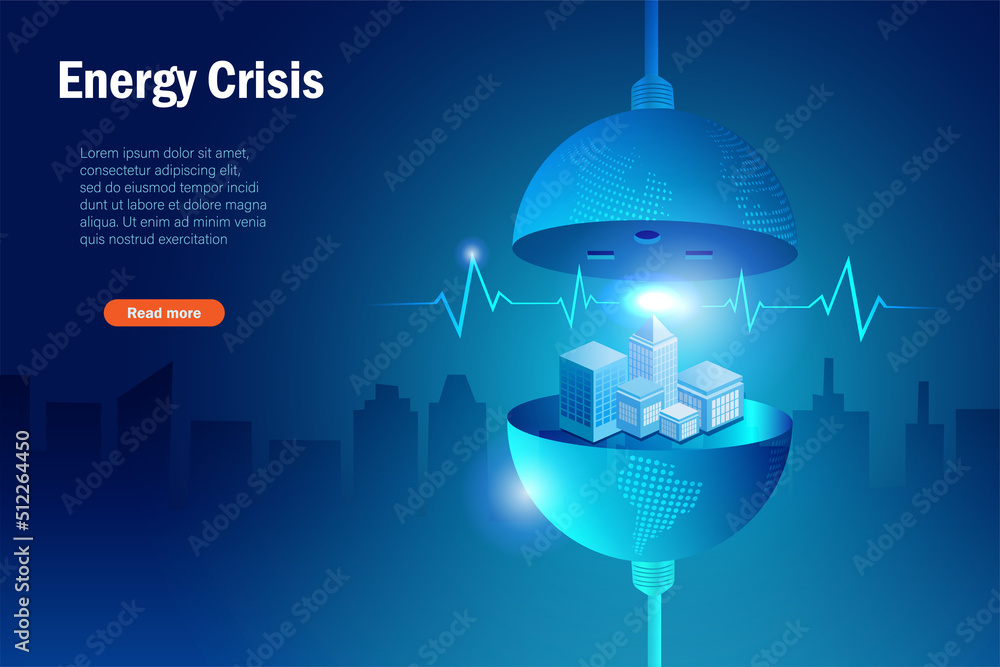 Energy crisis. City buildings in light bulb globe with ECG EKG medical ...
