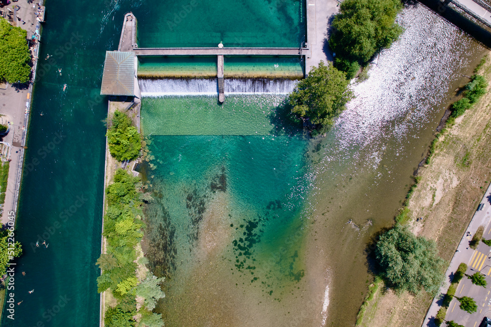 Junction of Limmat River and Sihl River at Platzspitz with power plant ...