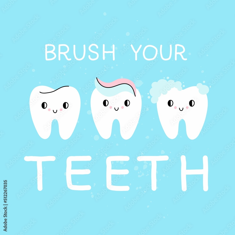 Tooth lettering. Brush your teeth text. Cartoon characters with ...