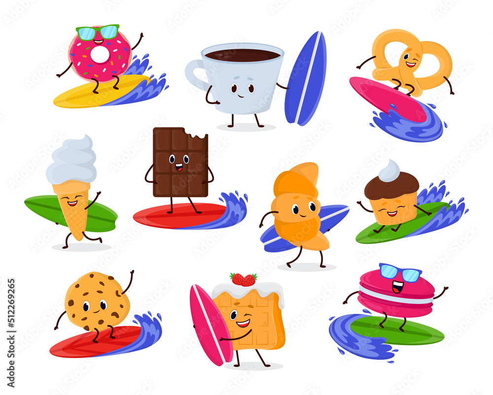 Cute desserts characters on surfboard cartoon illustration set. Funny ...