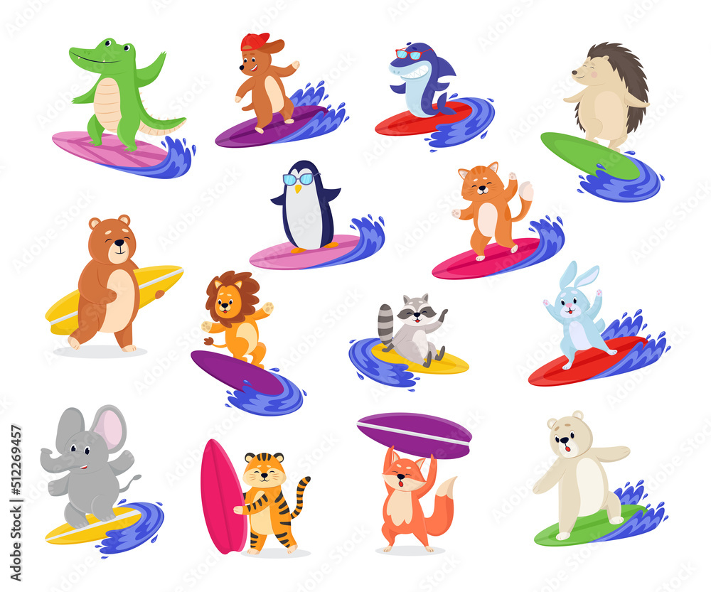 Cute animal characters on surfboard cartoon illustration set. Funny ...