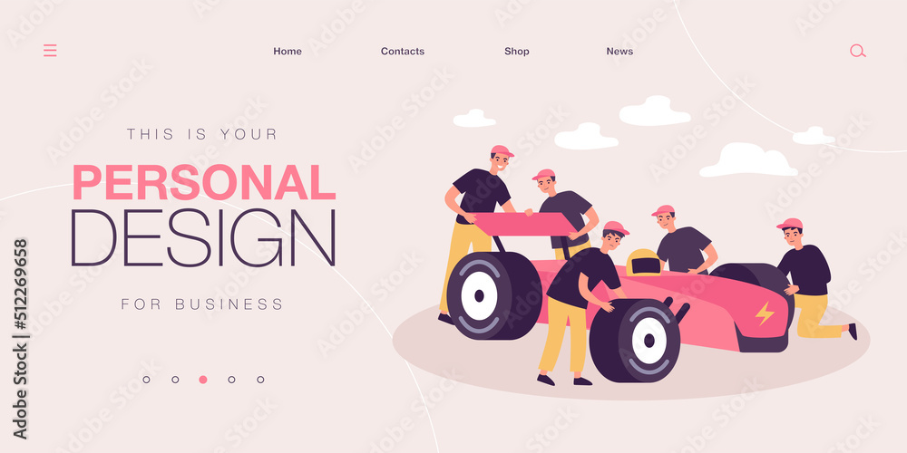 Maintenance team repairing car on pit stop. Mechanics in uniform fixing ...