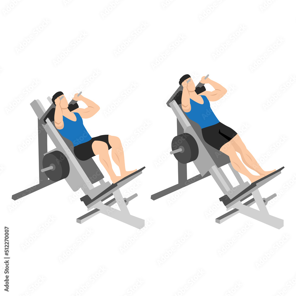 Man doing hack squat exercise. Flat vector illustration isolated on ...