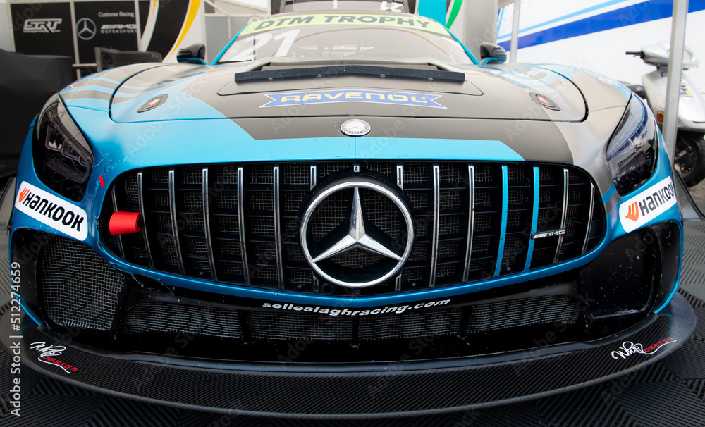 Mercedes AMG GT racing blue super car logo detail front view Stock ...