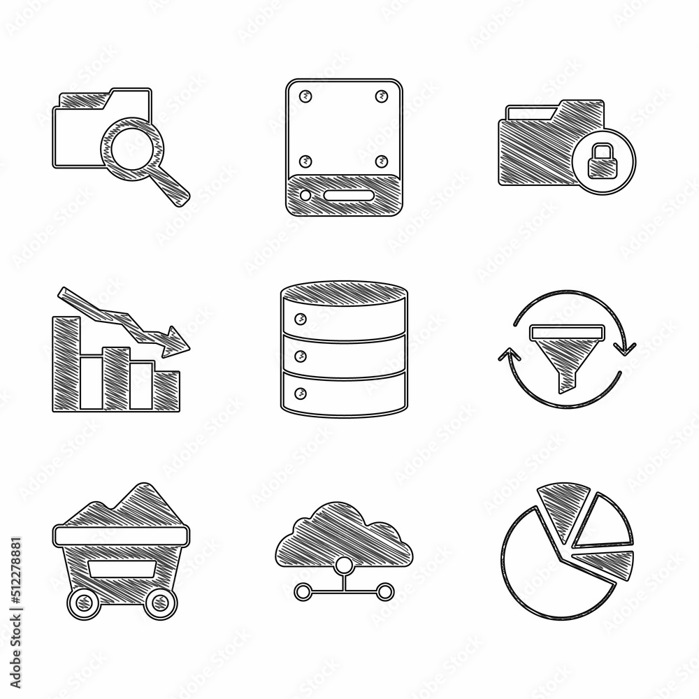 Set Server, Network cloud connection, Pie chart infographic, Sales funnel with, Coal mine ...